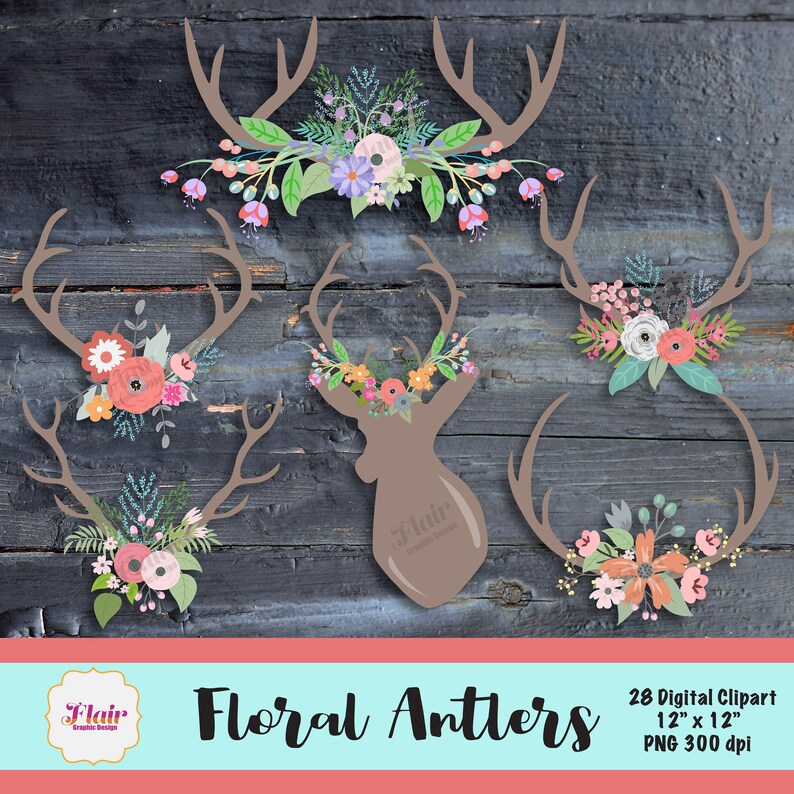 Floral Antlers Hand Drawn Flowers Digital Clipart, Deer, Garden Wedding ...
