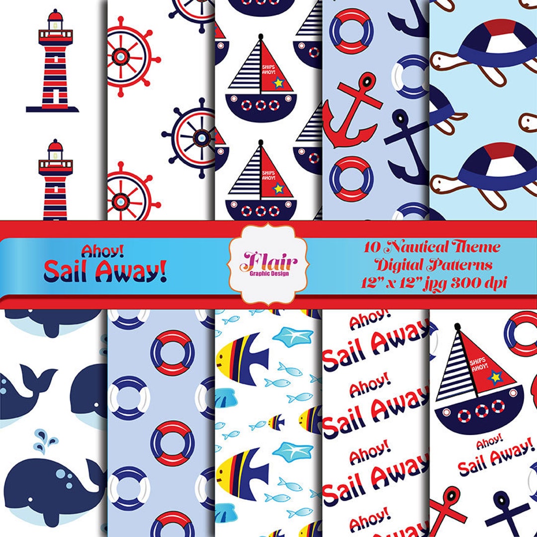 Sail Away Digital Paper, Boat, Cruise Papers, Whales, Nautical Boy ...