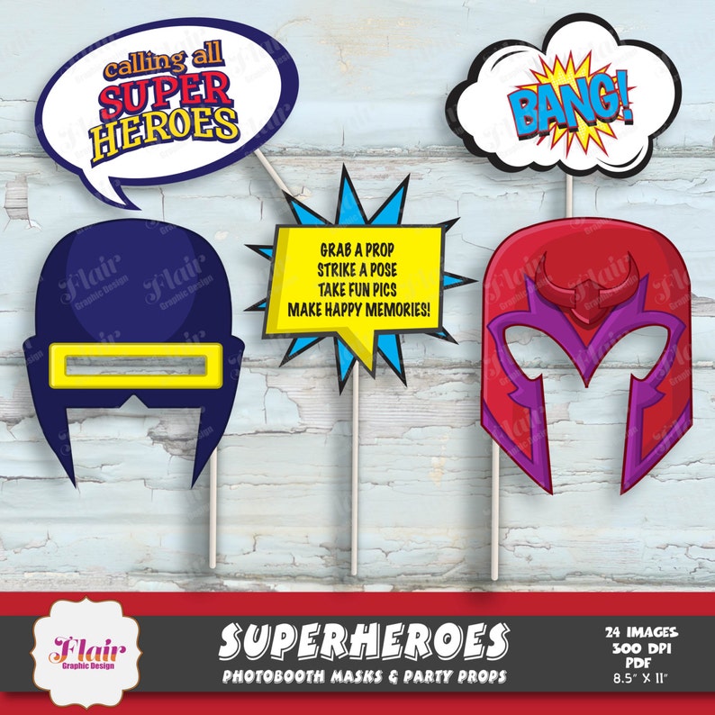 SUPERHEROES Photobooth Masks and Props Comic Book Party - Etsy