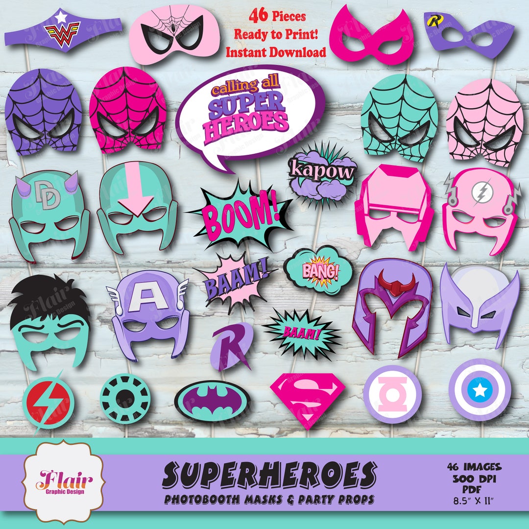 SUPERHEROES Photo Booth Masks and Props for Girls Marvel - Etsy