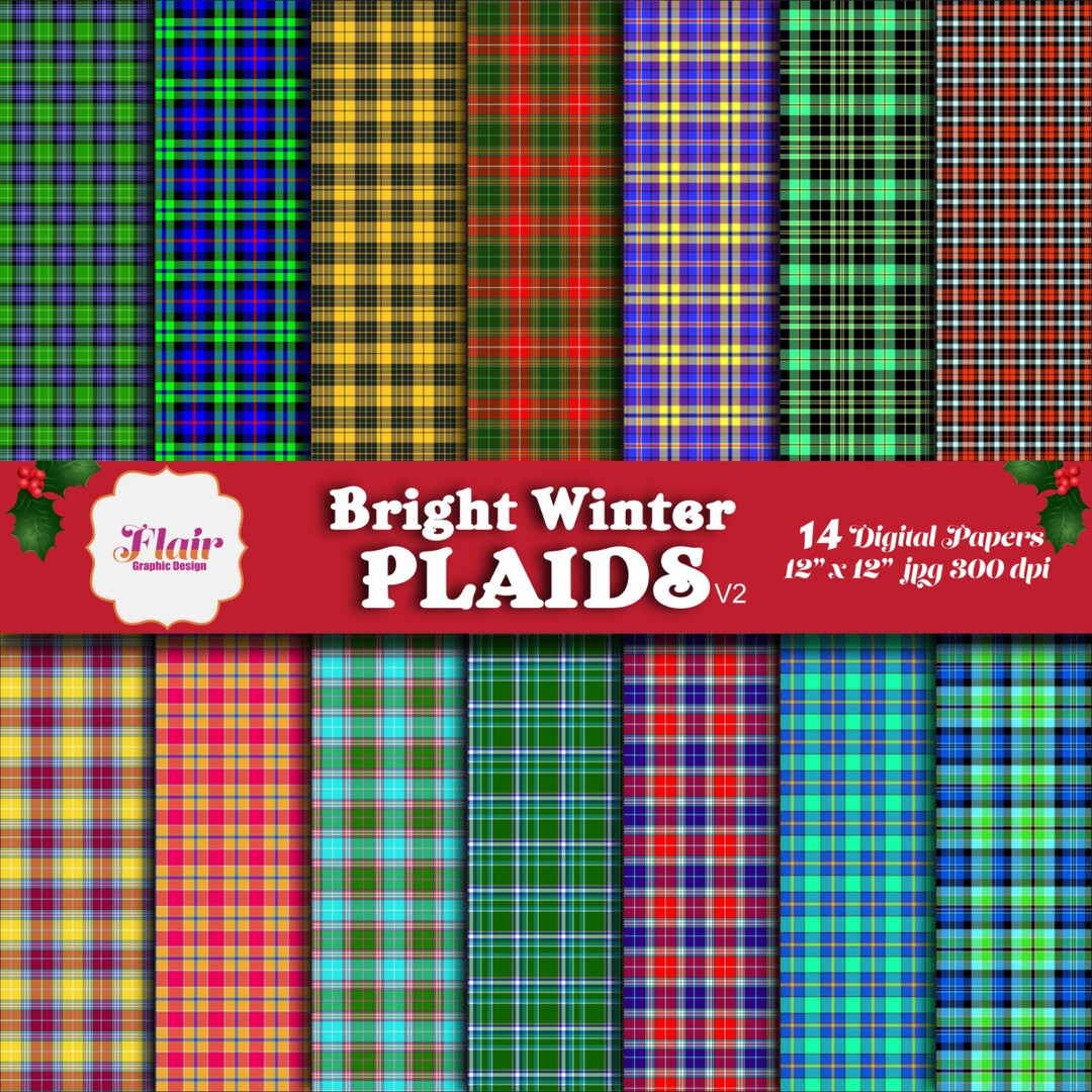 BRIGHT WINTER PLAIDS Digital Paper, Winter Colors, Christmas Plaid ...