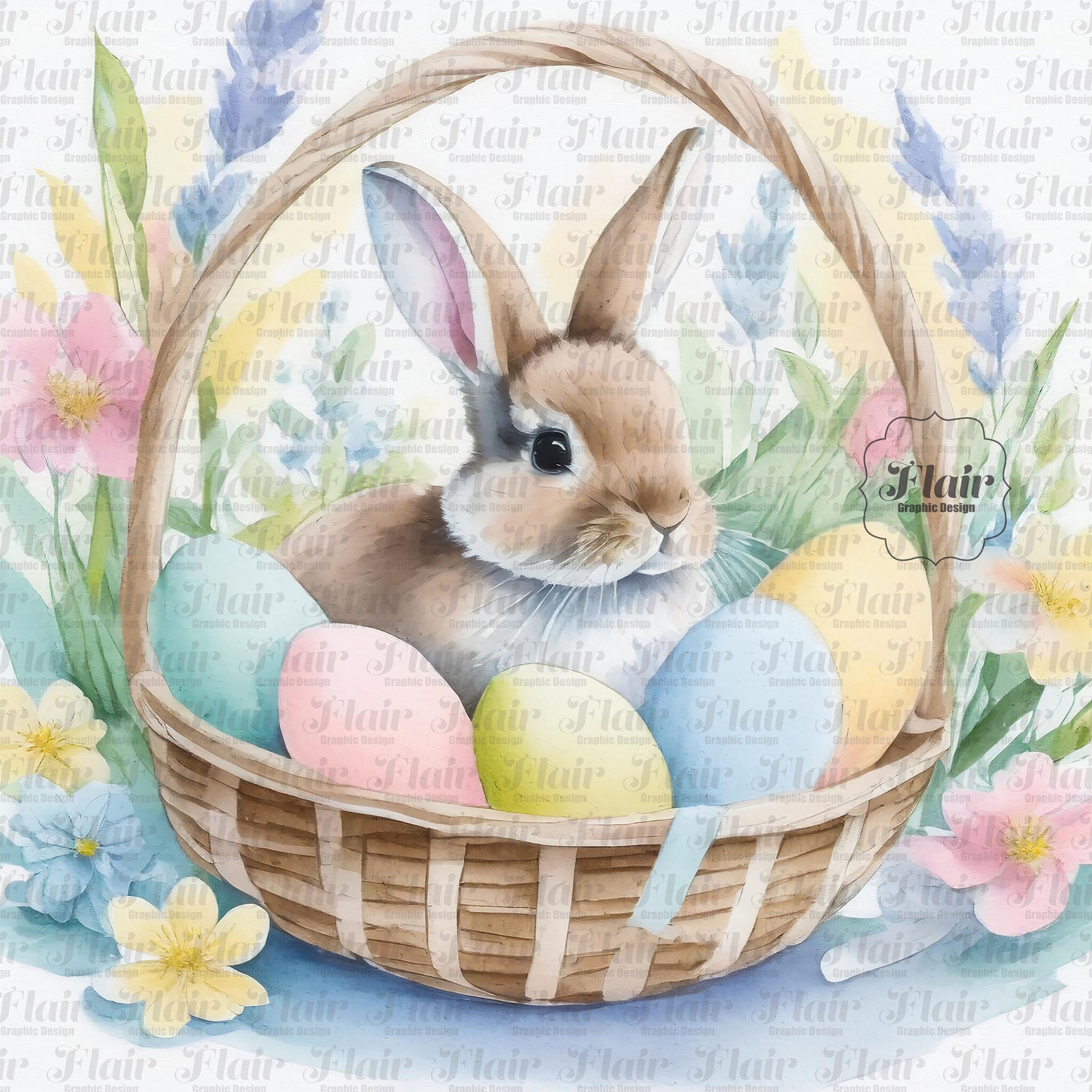 Cute Easter Bunnies in a Basket With Colorful Eggs Digital Clipart, 14 ...