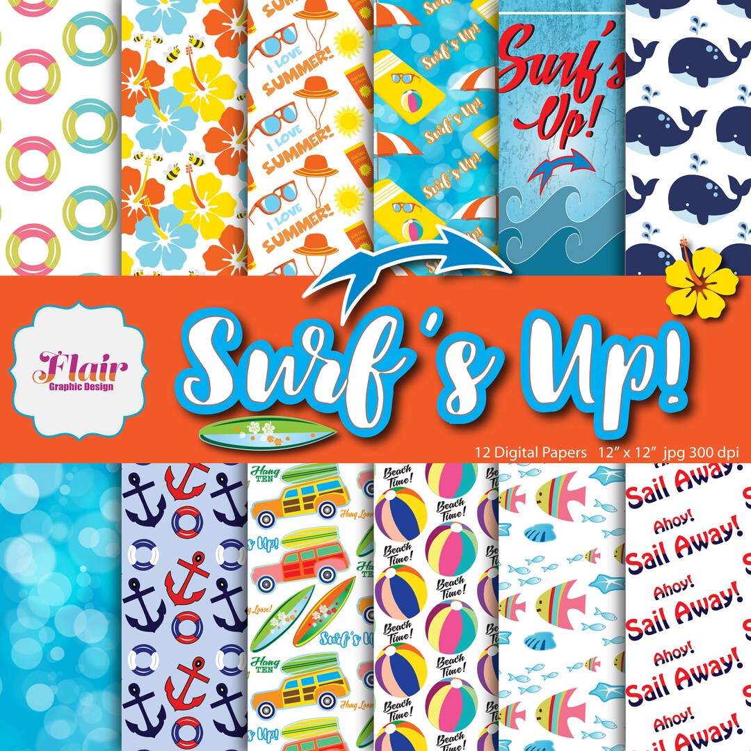 SURF’S UP Digital Papers, Summer Patterns, Beach Patterns, Sea, Beach ...