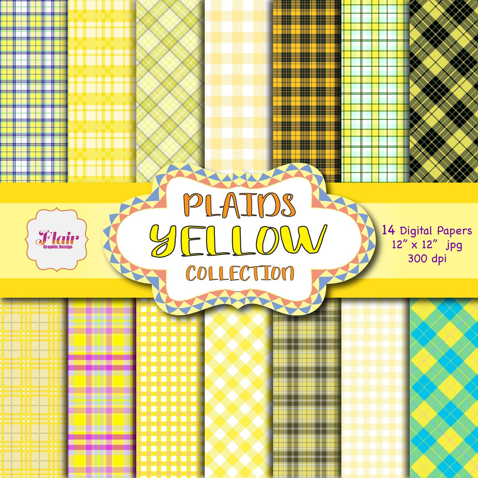 Yellow Plaids Digital Paper, Checkered, Gingham, Scrapbooking, Baby ...