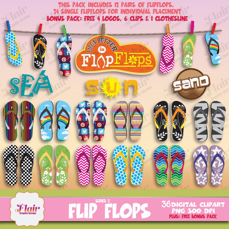 FLIP FLOPS Digital Clipart Series 2, Summer Clipart, Beach Flip Flops ...