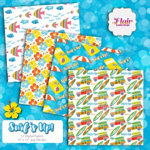 SURF’S UP Digital Papers, Summer Patterns, Beach Patterns, Sea, Beach ...