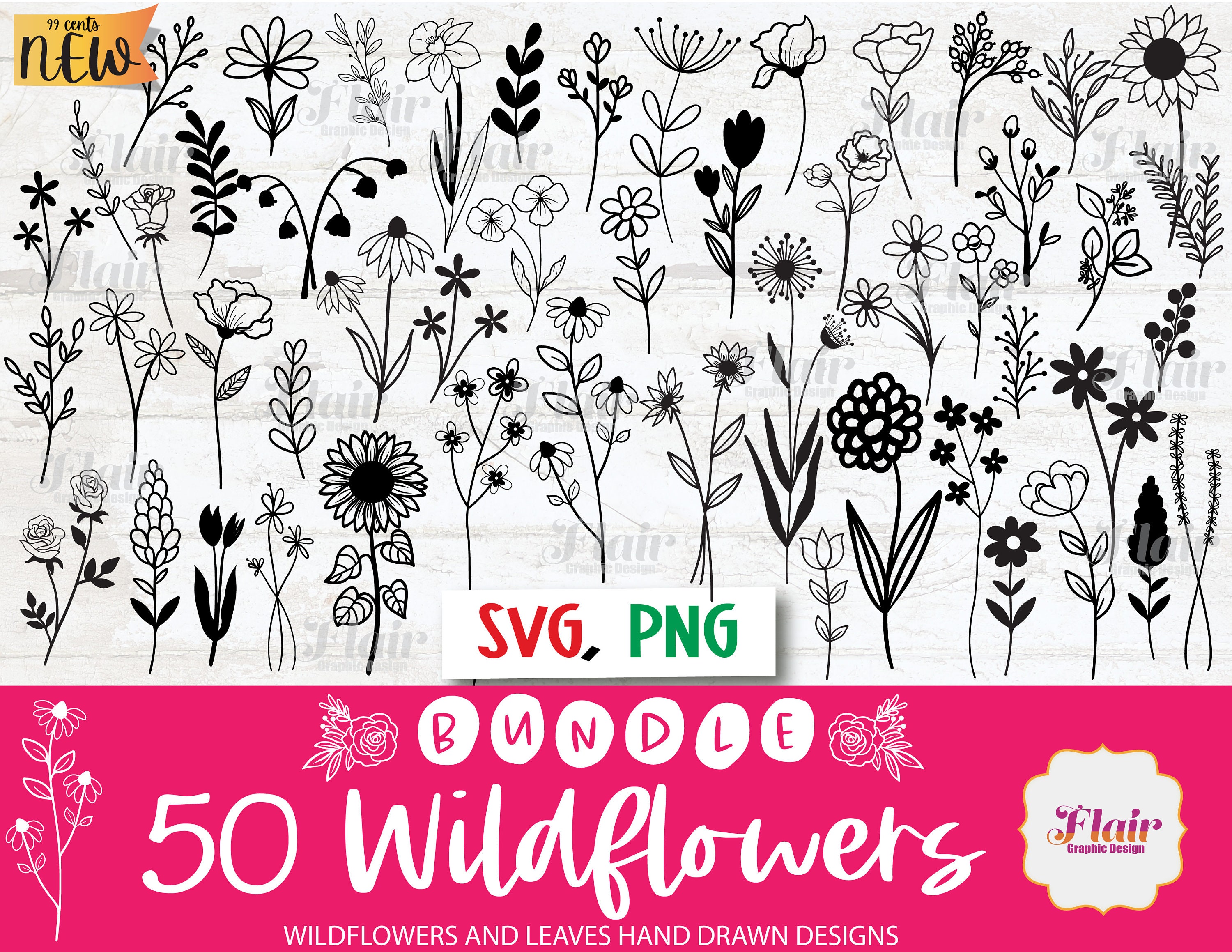 Wildflowers and Leaves SVGPNG Bundle Greenery Svg Floral - Etsy