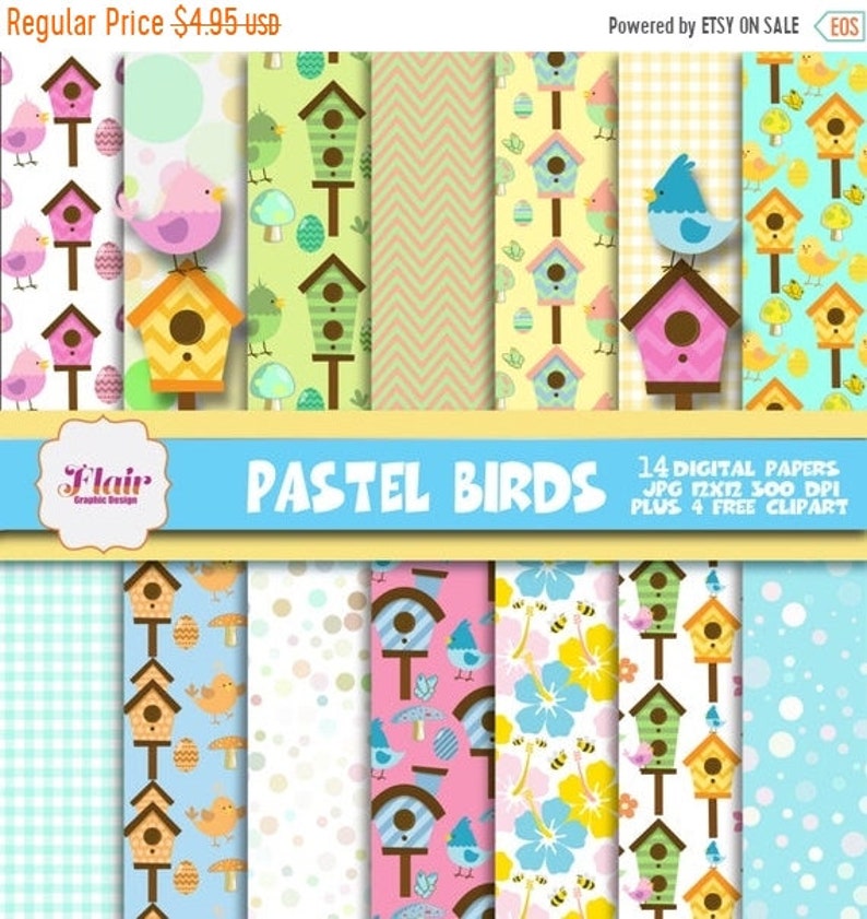 Pastel Birds Clipart, Bird Digital Papers, Easter Birds, Chick, Spring ...