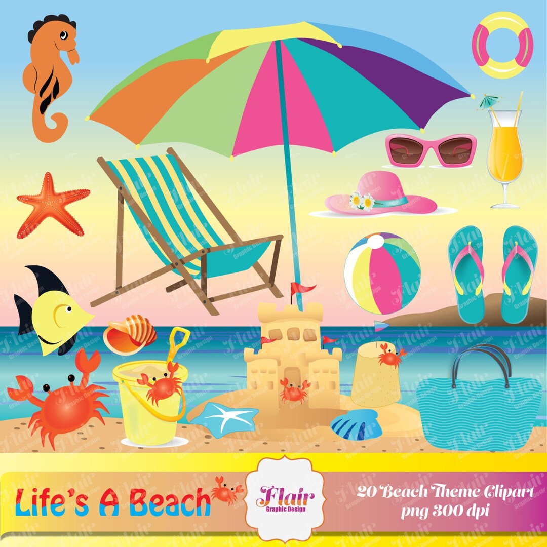 LIFE'S A Beach Digital Clipart Pack, Summer Clipart, Beach Clipart ...