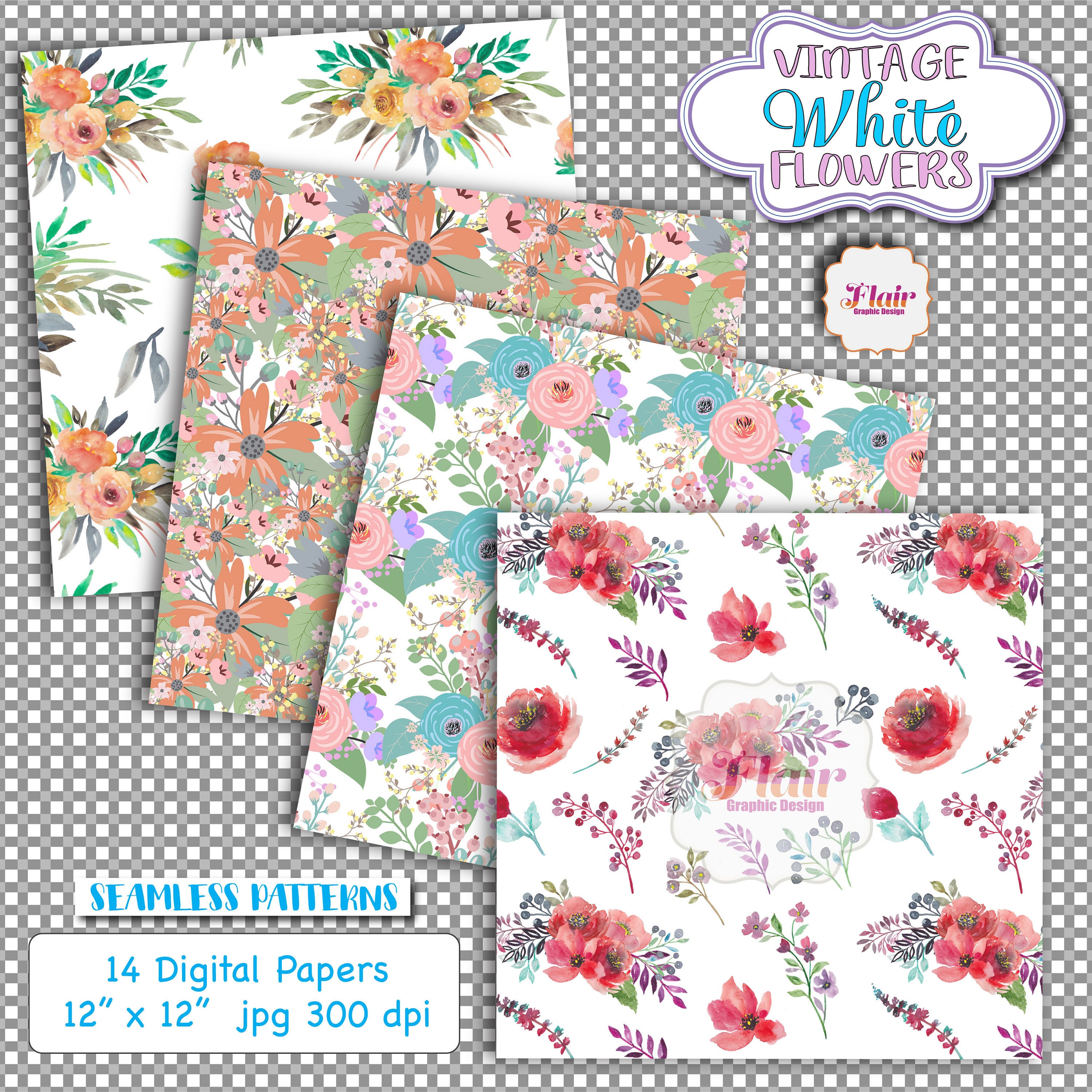 White Vintage Flowers Seamless Patterns, Digital Papers, Floral ...