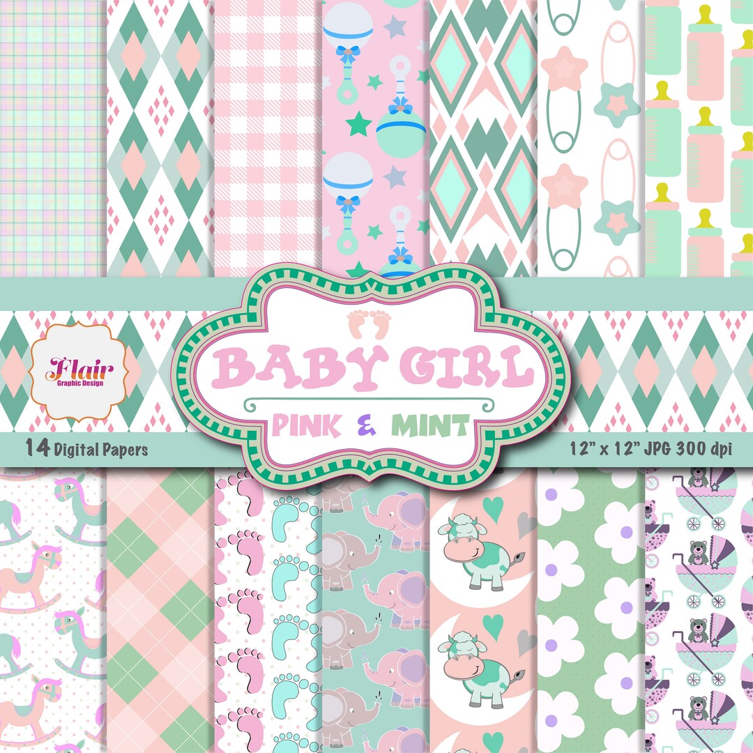 BABY GIRL Pink and Mint Green Digital Papers, It's a Girl, Newborn Baby ...
