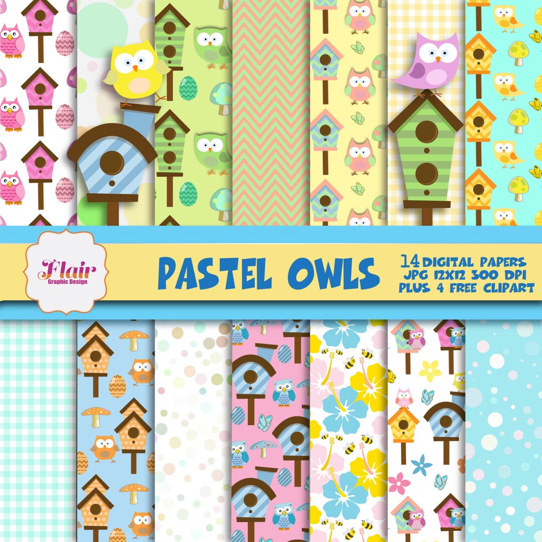 Pastel Owls Digital Papers, Owls Clipart, Spring Digital,easter Birds ...