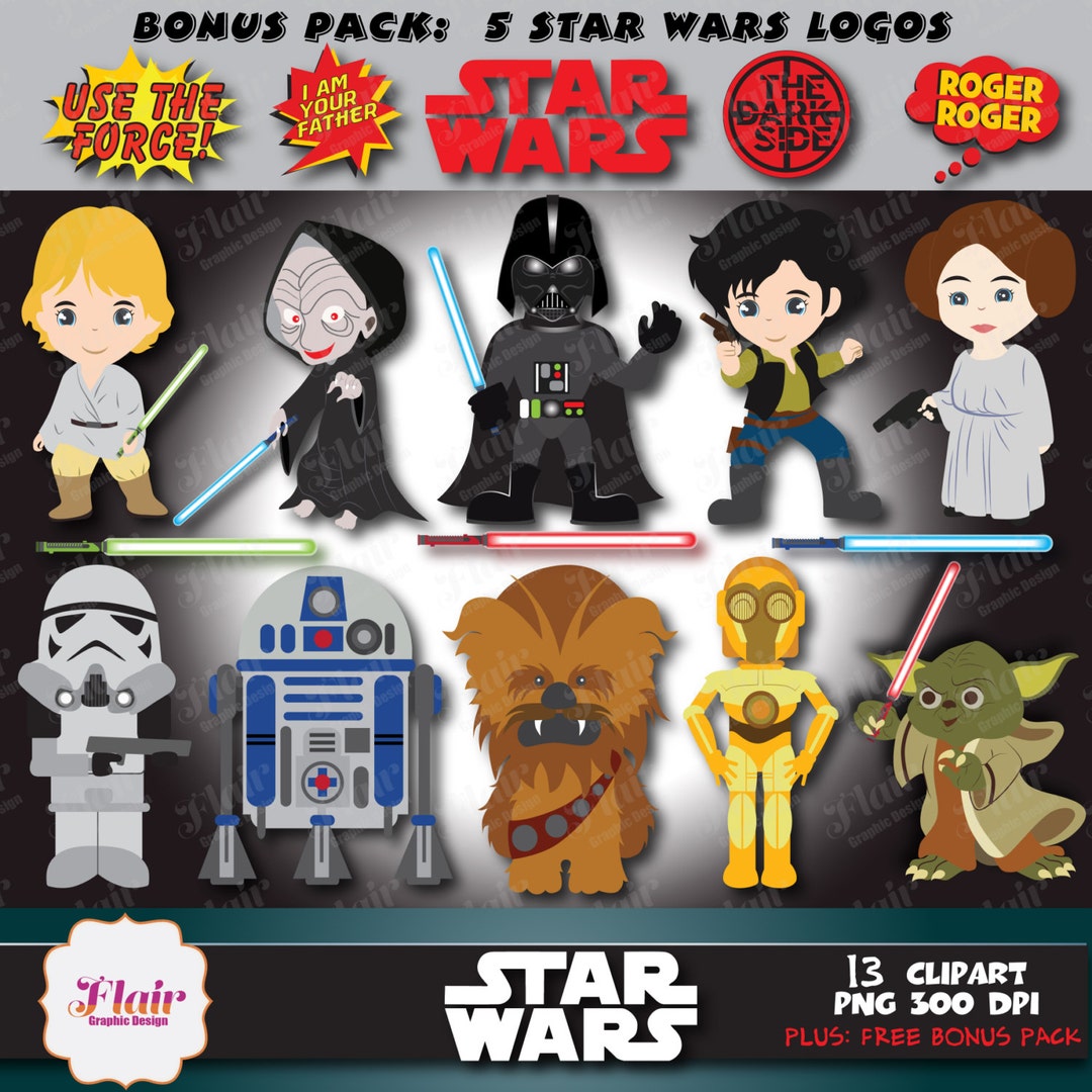 STAR WARS Digital Clipart, Darth Vader, Luke Skywalker, Han Solo, R2-D2 ...