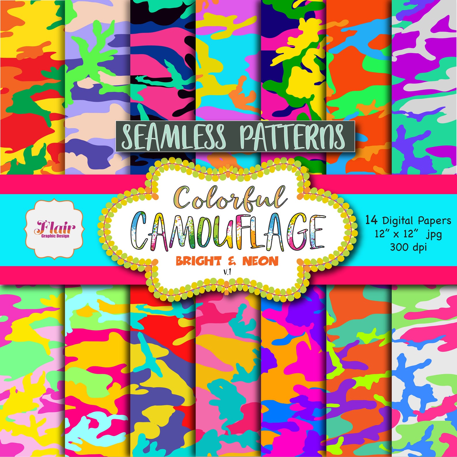 Colorful Camouflage Seamless Patterns in Bright and Neon Colors, Army ...