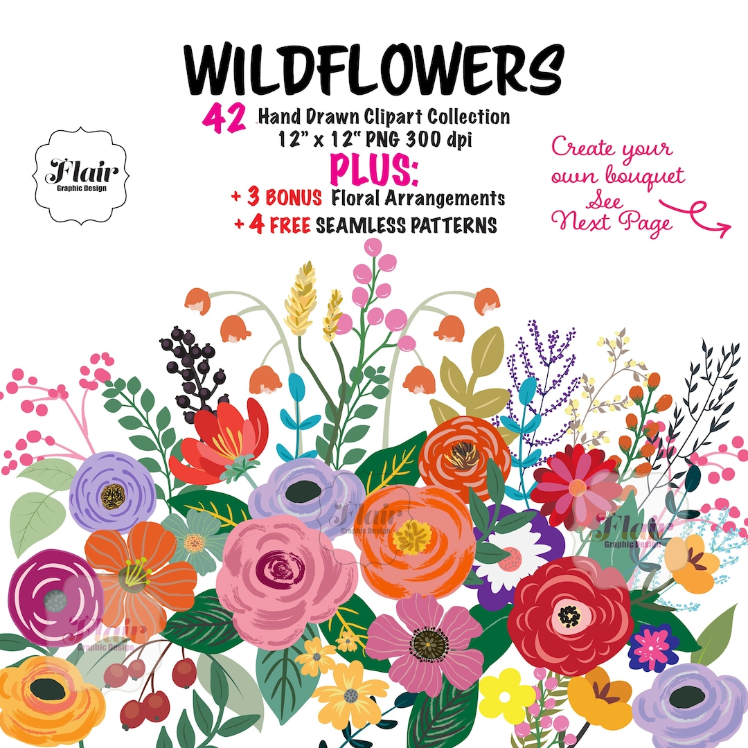 Wildflowers Hand Drawn Digital Clipart Collection With Free Seamless ...