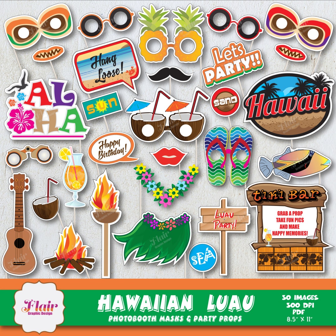 HAWAIIAN LUAU Photo Booth Masks, Hula Party, Pool Party, Summer Photo ...