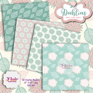 Dahlias in Pink and Mint Green Digital Paper, Floral Pattern, Flowers ...