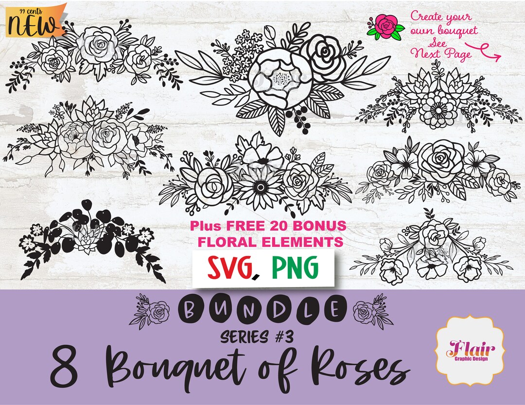 Bouquet of Roses Bundle Series 3 SVG, PNG Digital Clipart, Floral ...
