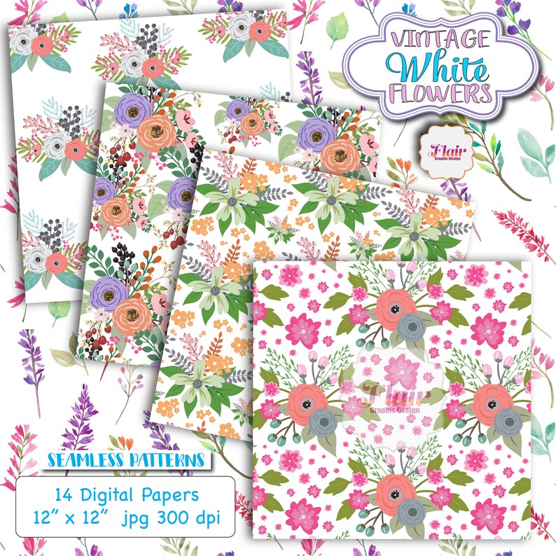 White Vintage Flowers Seamless Patterns, Digital Papers, Floral ...