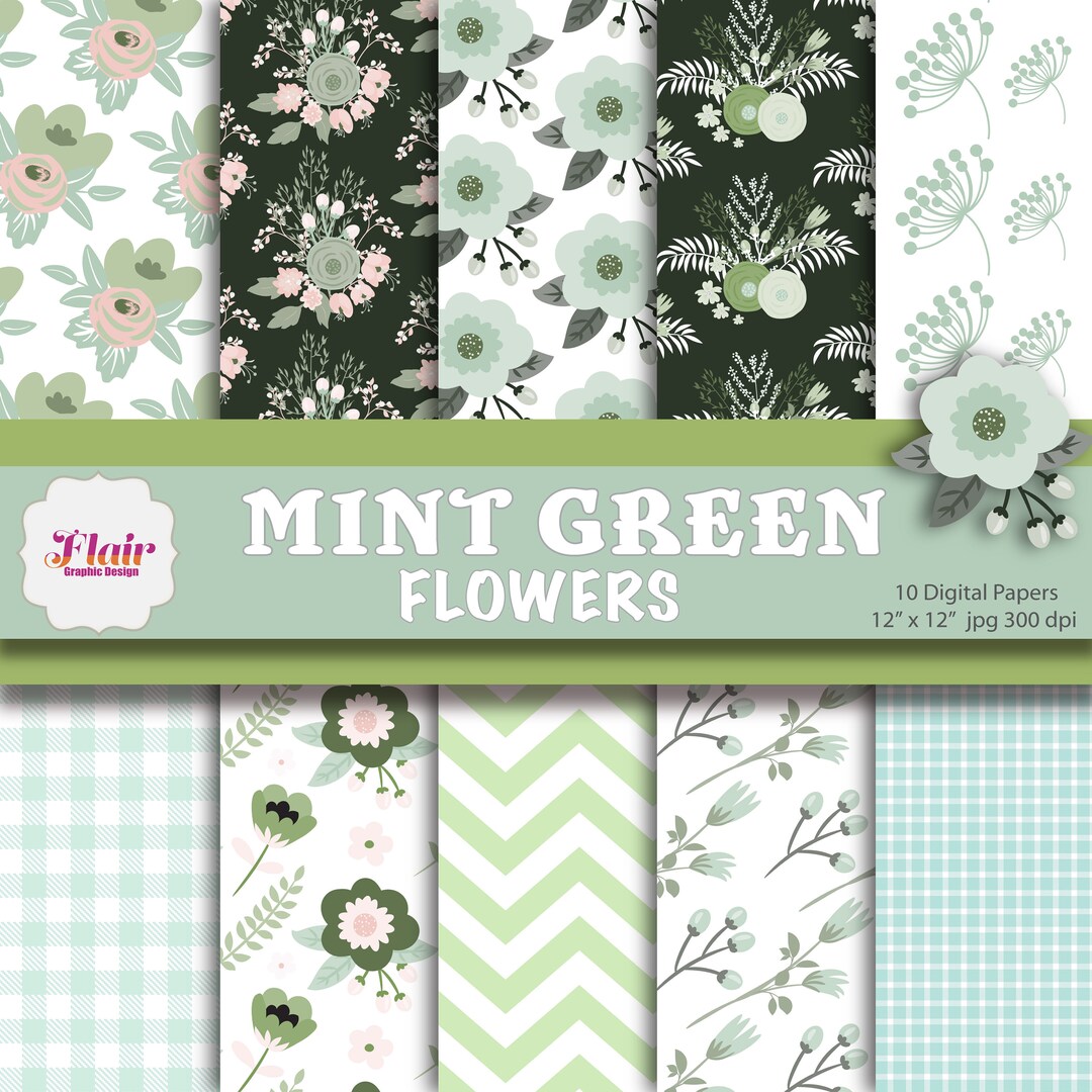 Mint Green Digital Papers. Green Floral Patterns, Spring Flowers ...