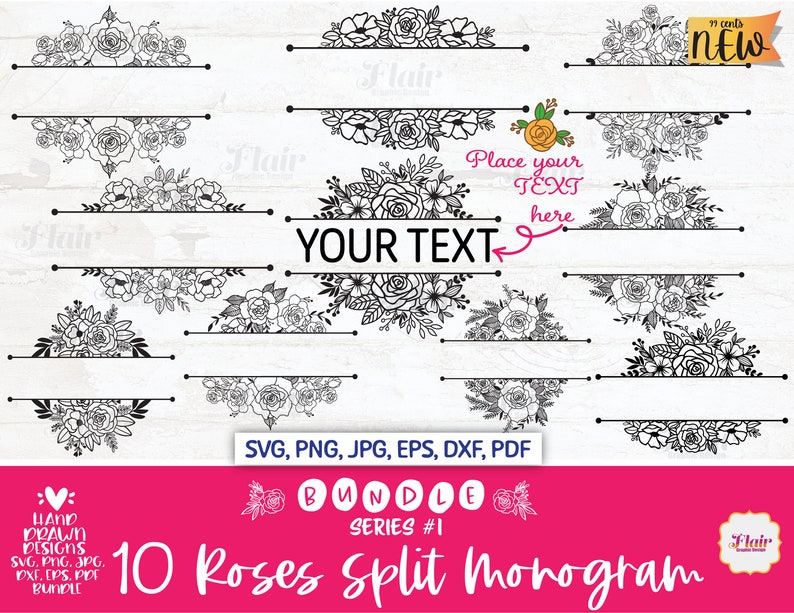 Roses Split Monograms SVG PNG DXF Bundle Series 1 - Etsy