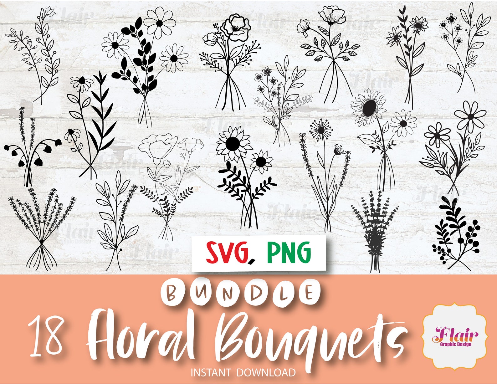 Floral Bouquet Bundle SVG PNG Flowers Hand Drawn Botanical - Etsy