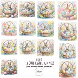 Cute Easter Bunnies in a Basket With Colorful Eggs Digital Clipart, 14 ...