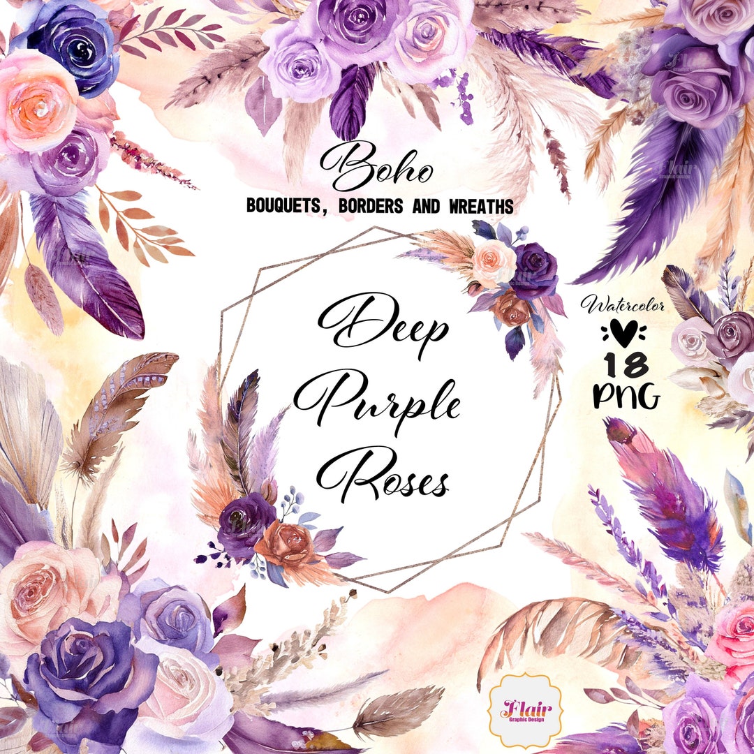 Watercolor Boho Deep Purple Roses PNG Digital Clipart, Fall Flowers ...