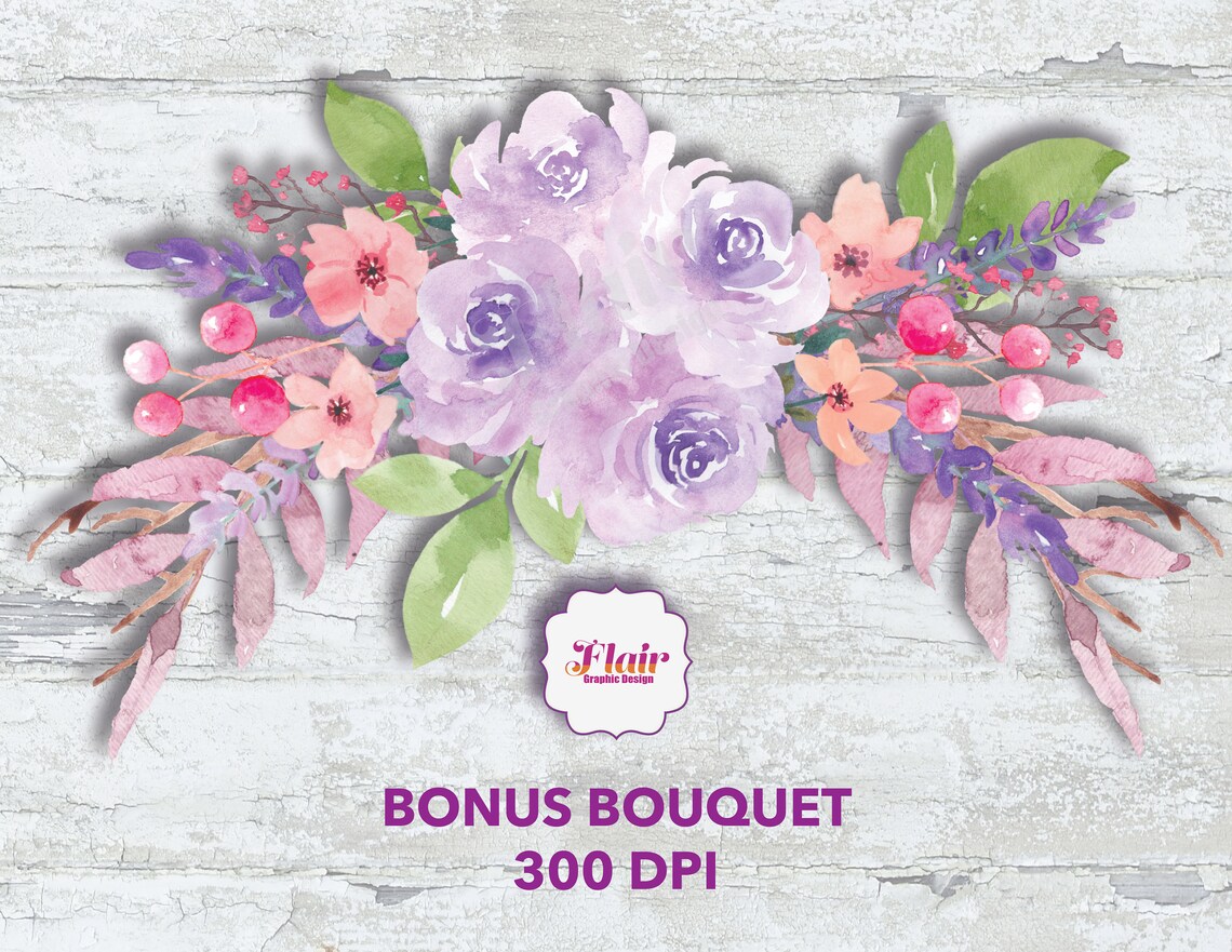Neptune Roses Watercolor Flowers Clipart, Hand-painted Purple Roses ...