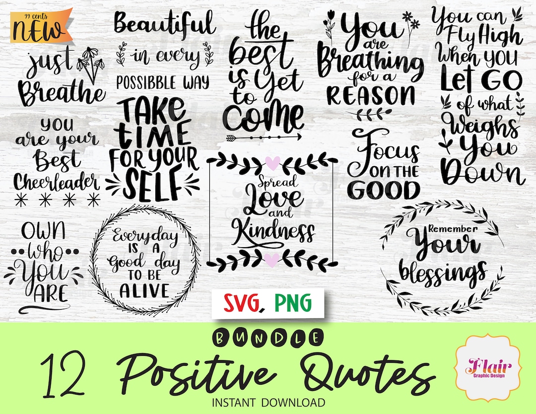 Positive Quotes SVG, PNG Bundle Digital Clipart, Inspirational Quotes ...