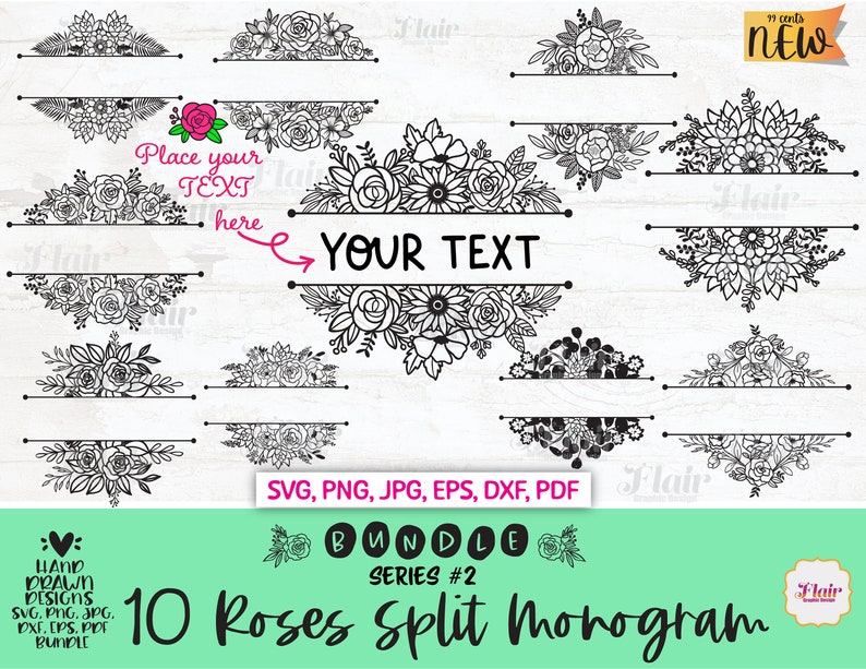 Roses Split Monograms SVG PNG DXF Bundle Series 2 Split - Etsy