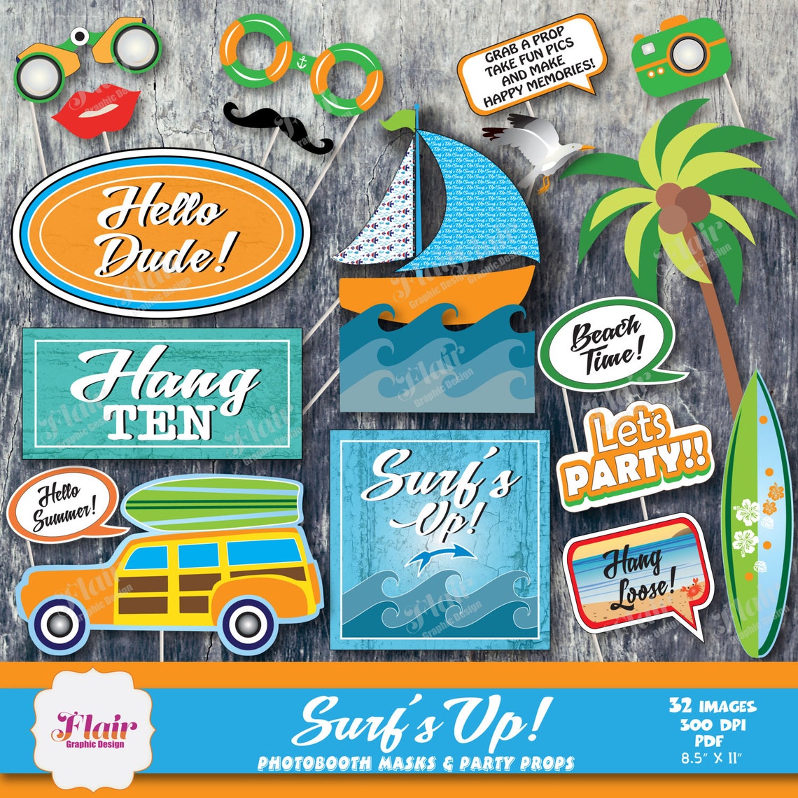 SURF'S UP Photo Booth Masks and Props Beach Party Summer | Etsy