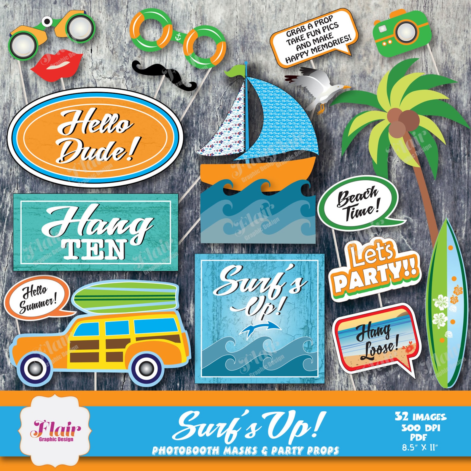 SURF'S UP Photo Booth Masks and Props, Beach Party, Summer Photo Booth ...