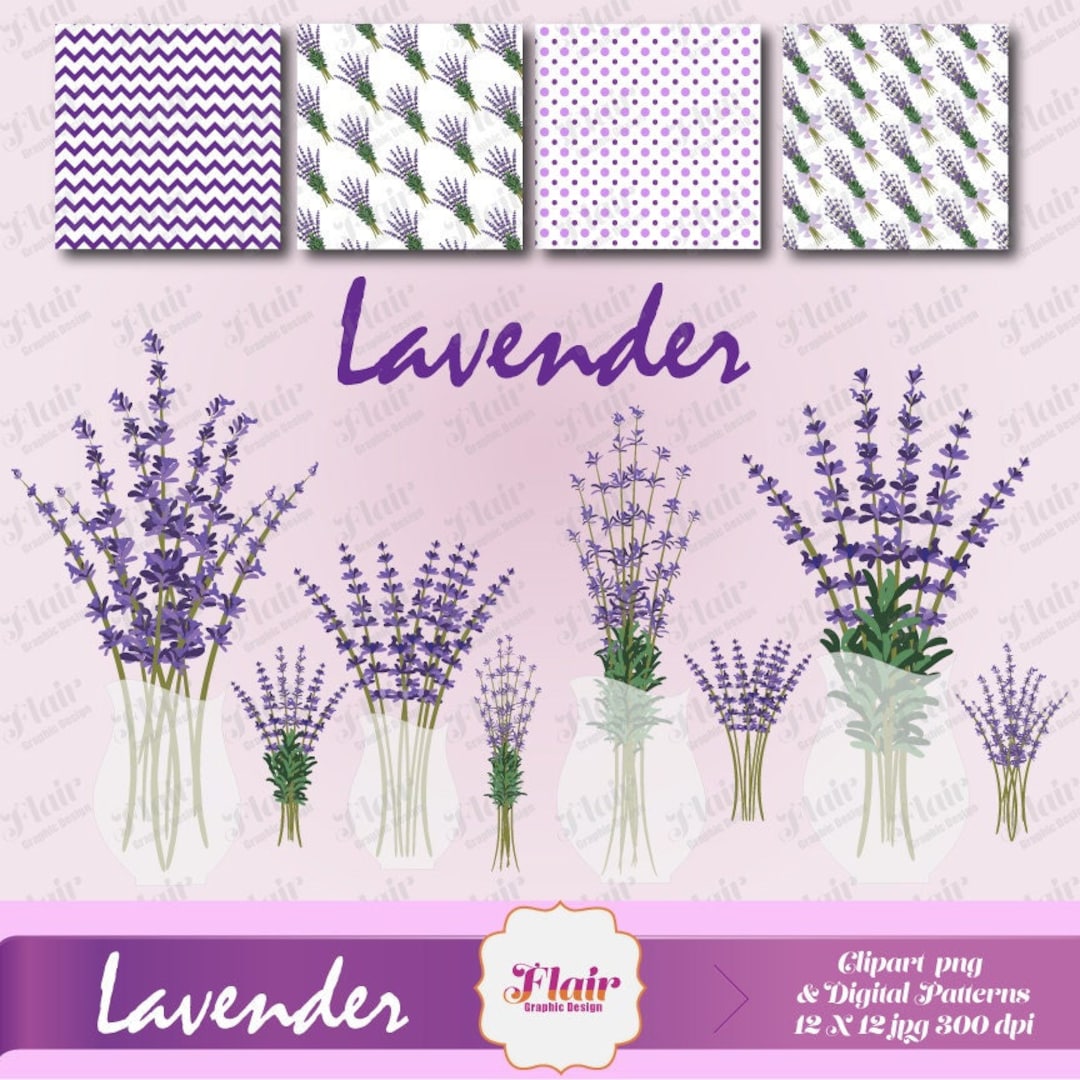 Lavender Digital Paper and Clipart Combo Pack, Flowers in Vase, Chevron ...