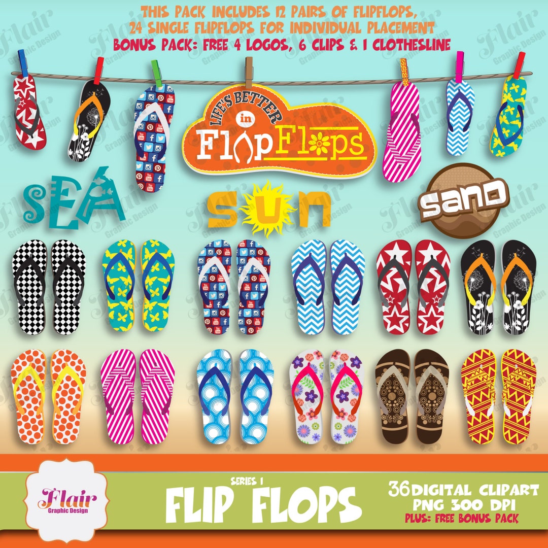 FLIP FLOPS Digital Clipart Series 1, Summer Clipart, Beach Flip Flops ...