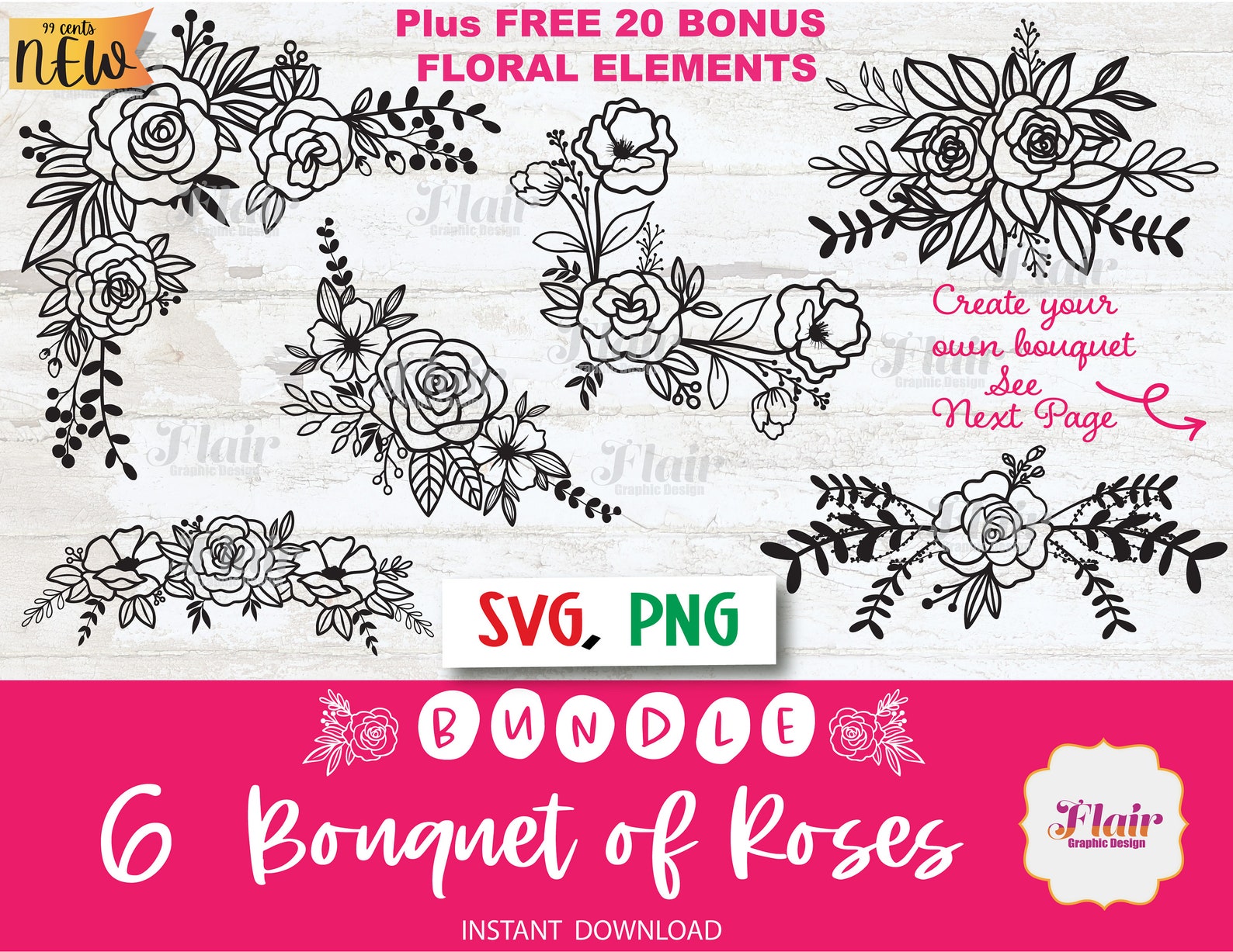 Bouquet of Roses Bundle SVG, PNG Digital Clipart, Floral Arrangement ...