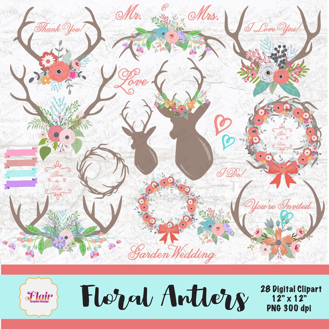 Floral Antlers Hand Drawn Flowers Digital Clipart, Deer, Garden Wedding ...