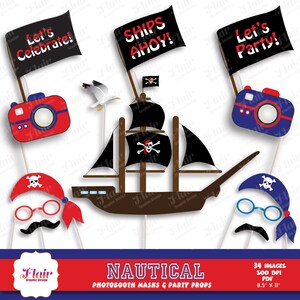 NAUTICAL Photo Booth Masks and Props in Red, White and Blue, Pirate ...
