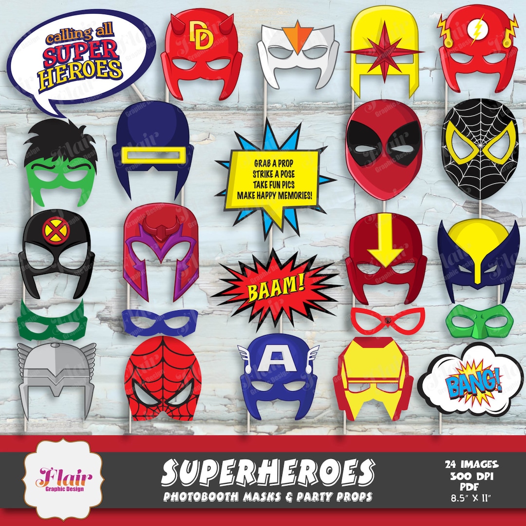 SUPERHEROES Photobooth Masks and Props, Comic Book Party, Digital Masks ...
