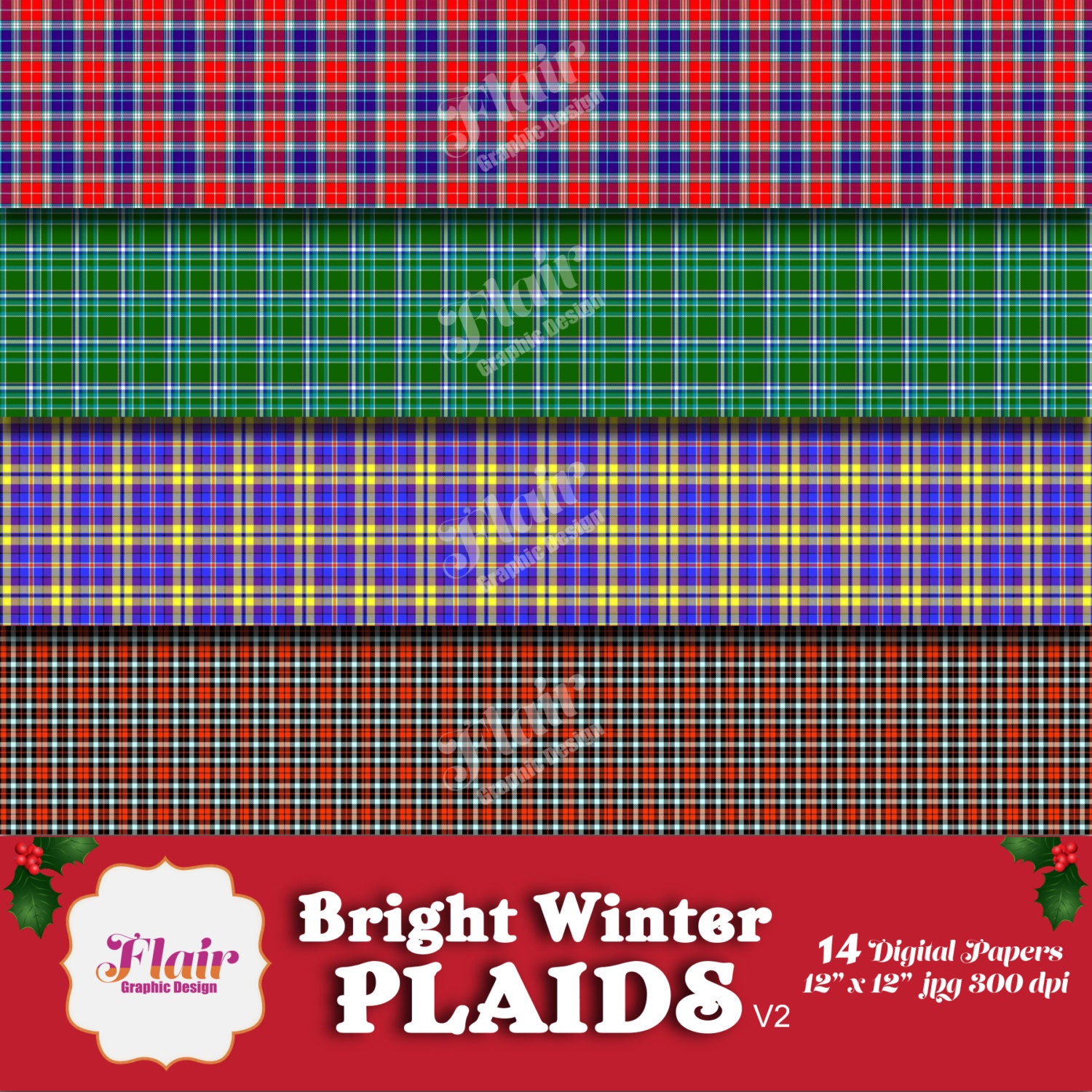 BRIGHT WINTER PLAIDS Digital Paper, Winter Colors, Christmas Plaid ...