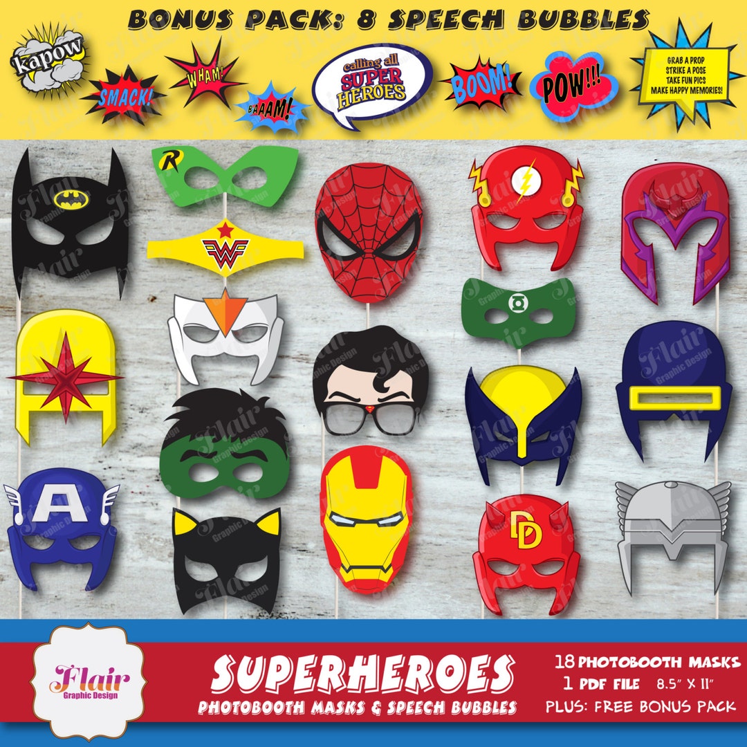 SUPERHEROES Photobooth Masks and Superhero Speech Bubbles, Comic Book ...