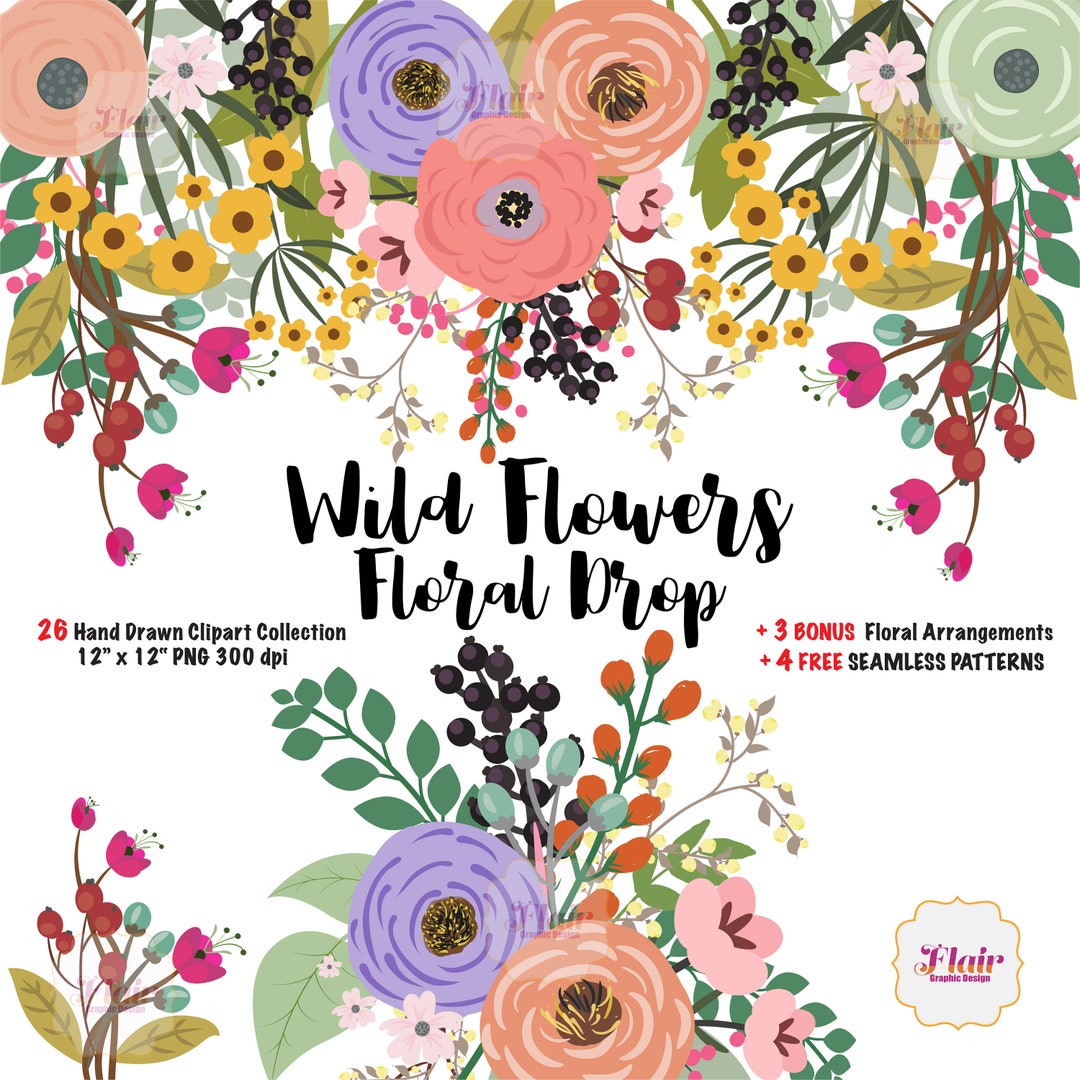 Wild Flowers Floral Drop Digital Clipart Collection With Seamless ...