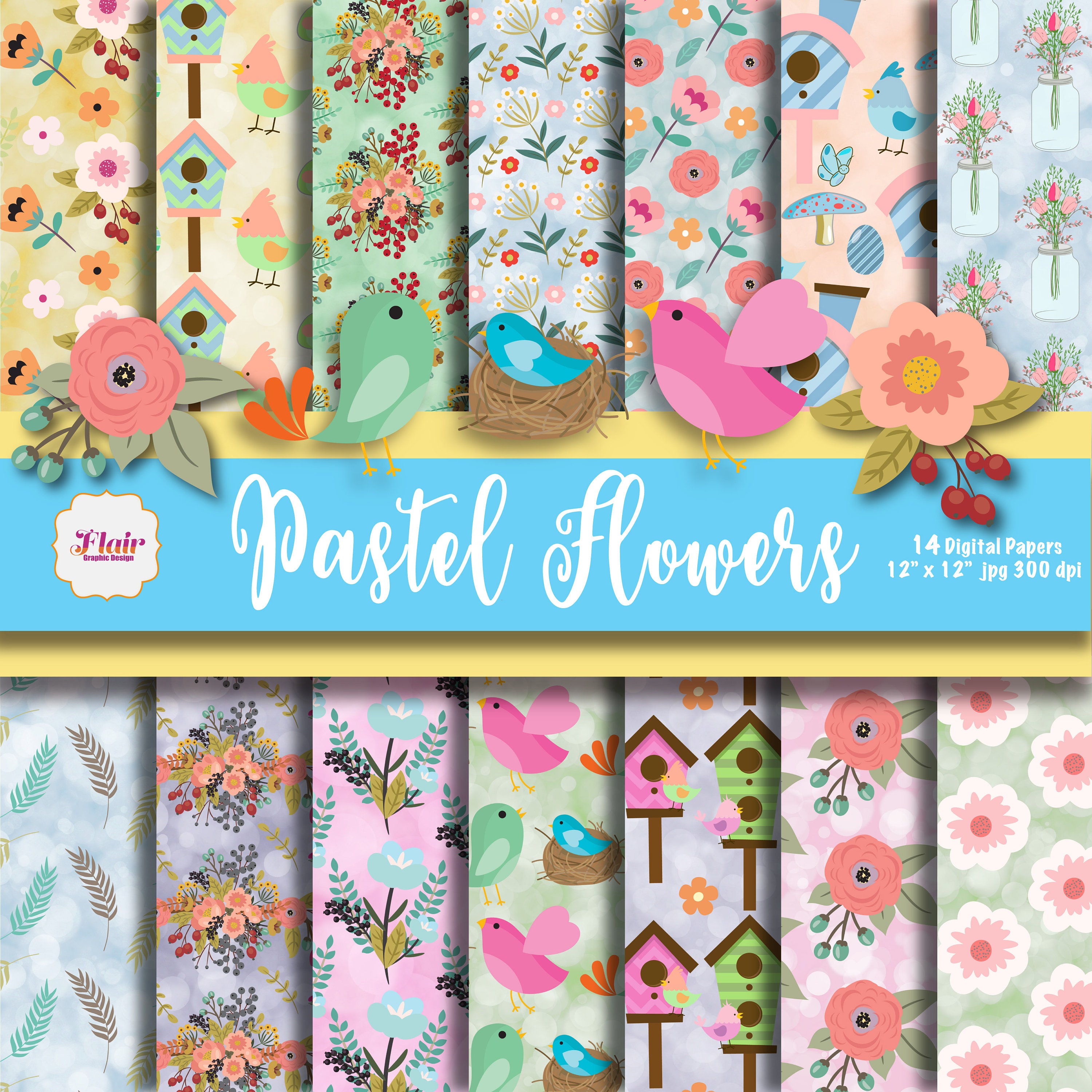 PASTEL FLOWERS Digital Papers Spring Flowers Pastel Colered | Etsy