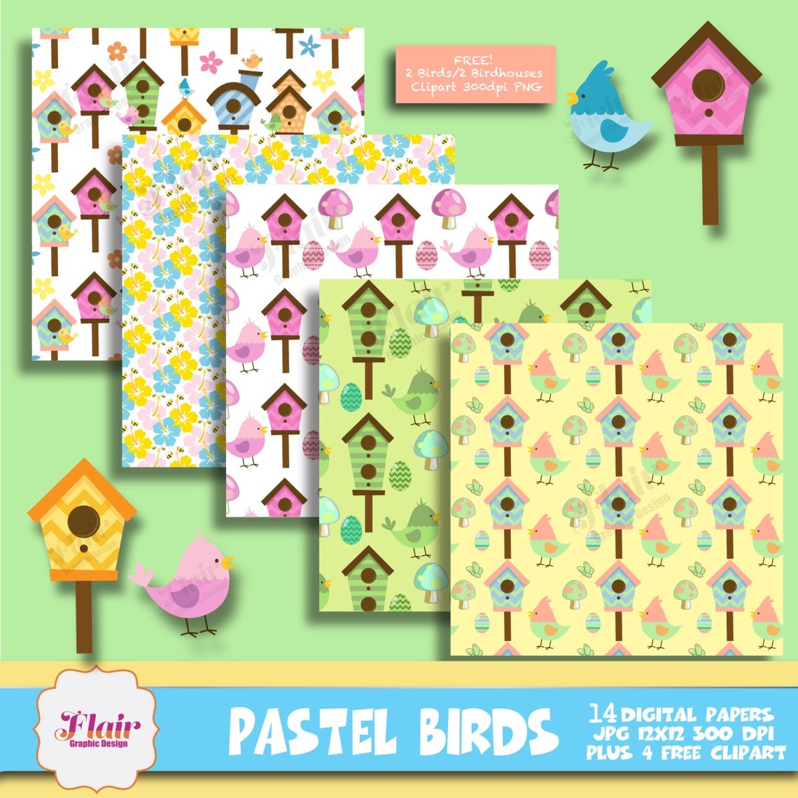 Pastel Birds Clipart, Bird Digital Papers, Easter Birds, Chick, Spring ...