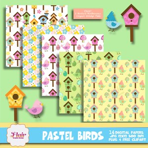 Pastel Birds Clipart, Bird Digital Papers, Easter Birds, Chick, Spring ...