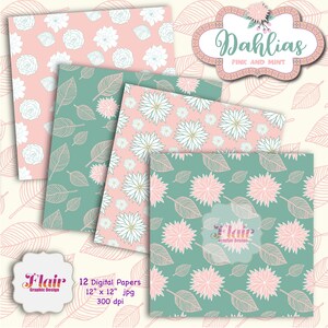 Dahlias in Pink and Mint Green Digital Paper, Floral Pattern, Flowers ...