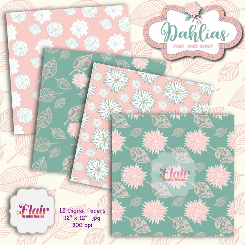 Dahlias in Pink and Mint Green Digital Paper, Floral Pattern, Flowers ...