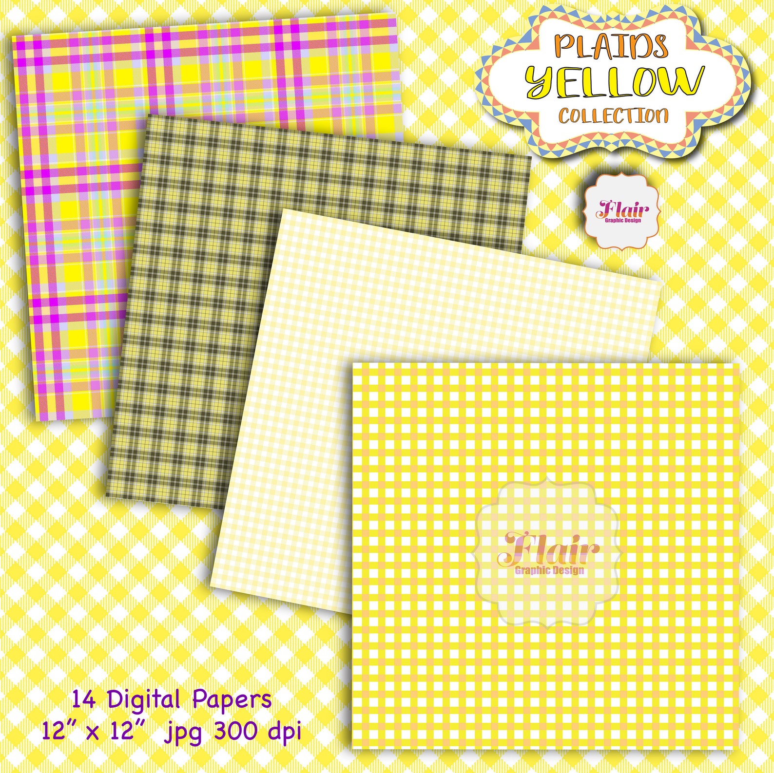 Yellow Plaids Digital Paper Checkered Gingham Scrapbooking - Etsy