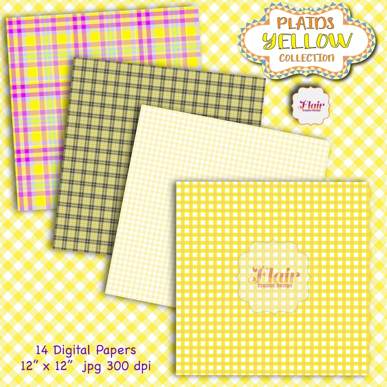 Yellow Plaids Digital Paper, Checkered, Gingham, Scrapbooking, Baby ...