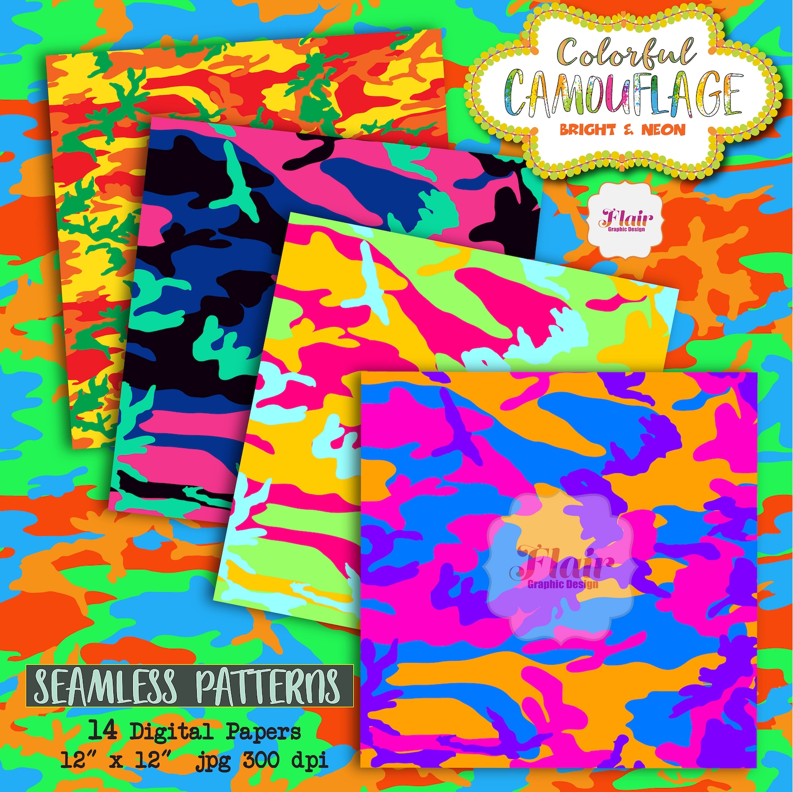 Colorful Camouflage Seamless Patterns in Bright and Neon Colors, Army ...